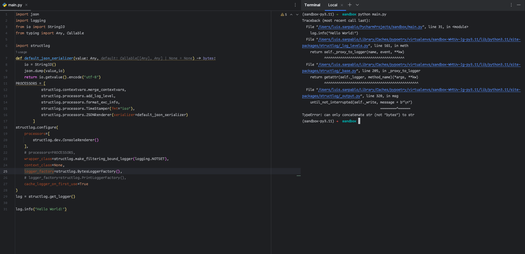 Bug: Using `structlog.dev.ConsoleRenderer` causes `TypeError: can only ...