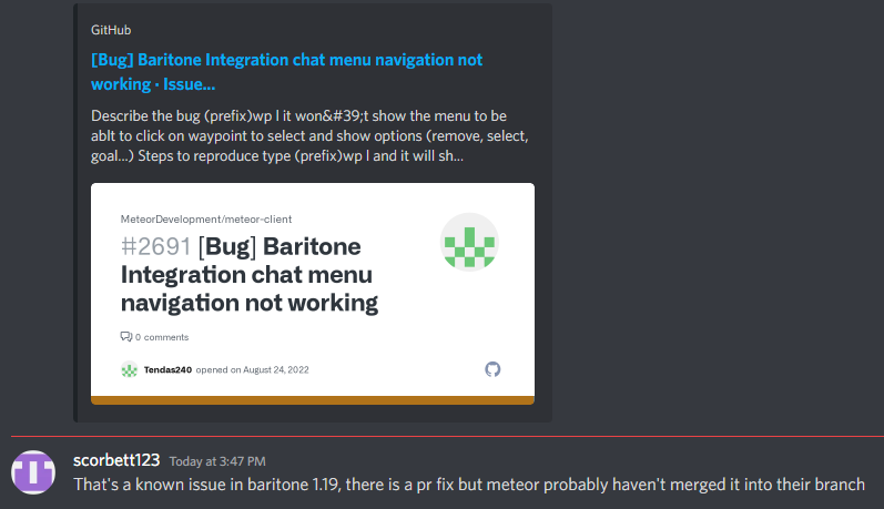 [Bug] Bugged Baritone Integration with interaction in chat · Issue #2707 · MeteorDevelopment ...