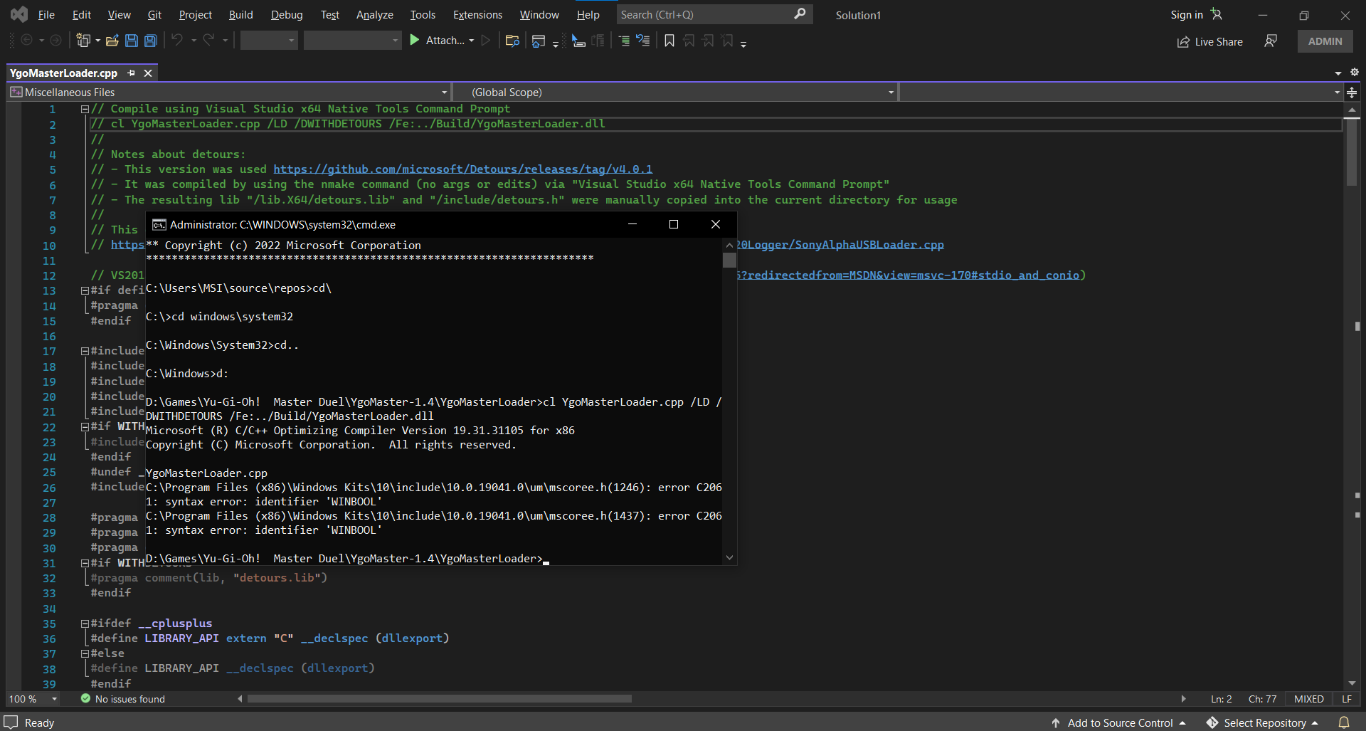 Failed to compile YgoMasterLoader.cpp · Issue #30 · pixeltris/YgoMaster · GitHub
