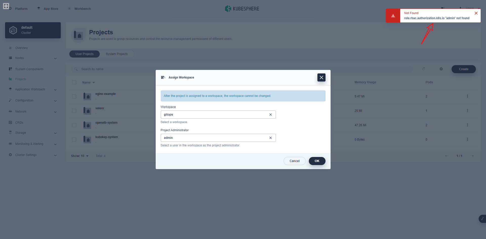 Exception while assigning project to tenant · Issue #5613 · kubesphere/kubesphere · GitHub