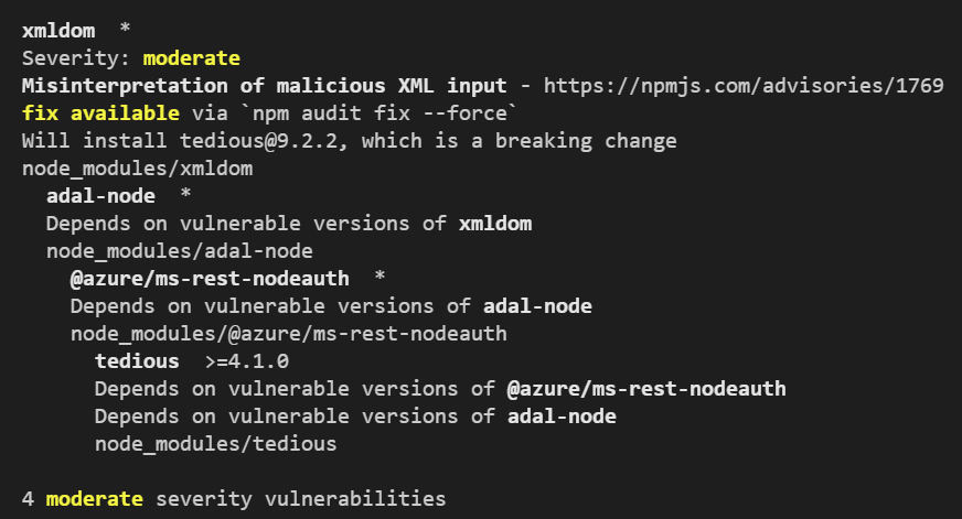 11.4.0 having 4 moderate severity vulnerabilities · Issue #1321 · tediousjs/tedious · GitHub