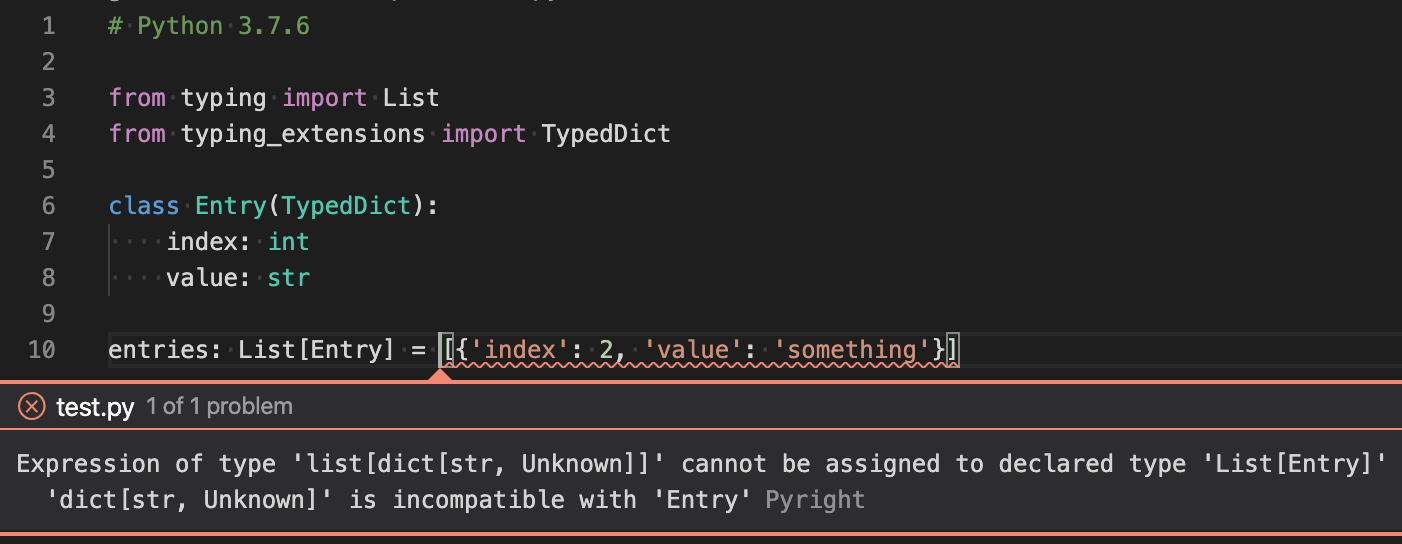 Type Check Failing for List[TypedDict] · Issue #530 · microsoft/pyright · GitHub