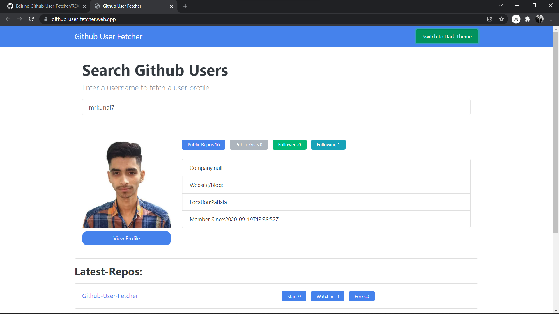 GitHub - kunalvirdi/Github-User-Fetcher: This web app fetches profile ...