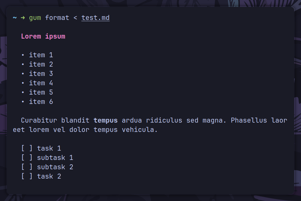 Indentation not preserved with `gum format` · Issue #347 · charmbracelet/gum · GitHub