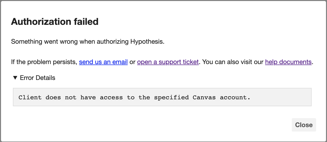 Create user-friendly error window for Canvas error {"error":"invalid ...