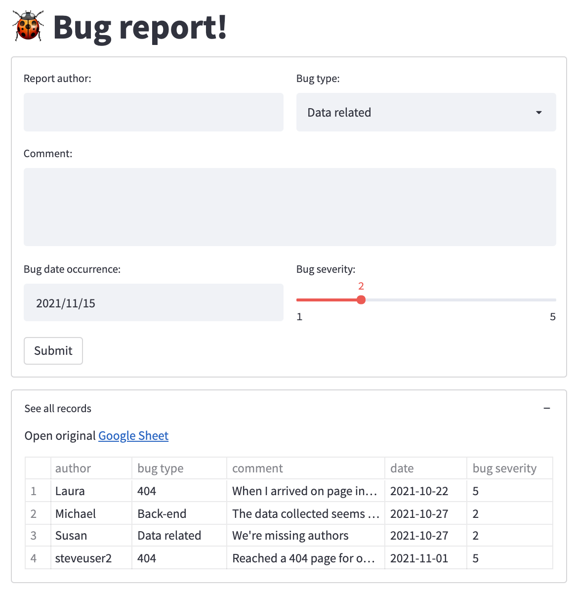 GitHub Streamlit example app bug report
