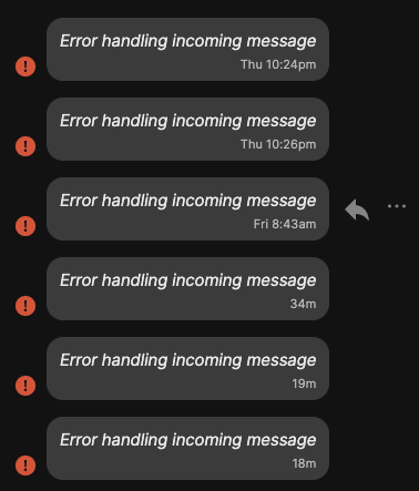 after Migration Assistant restoring to new laptop, every incoming message is "Error handling ...