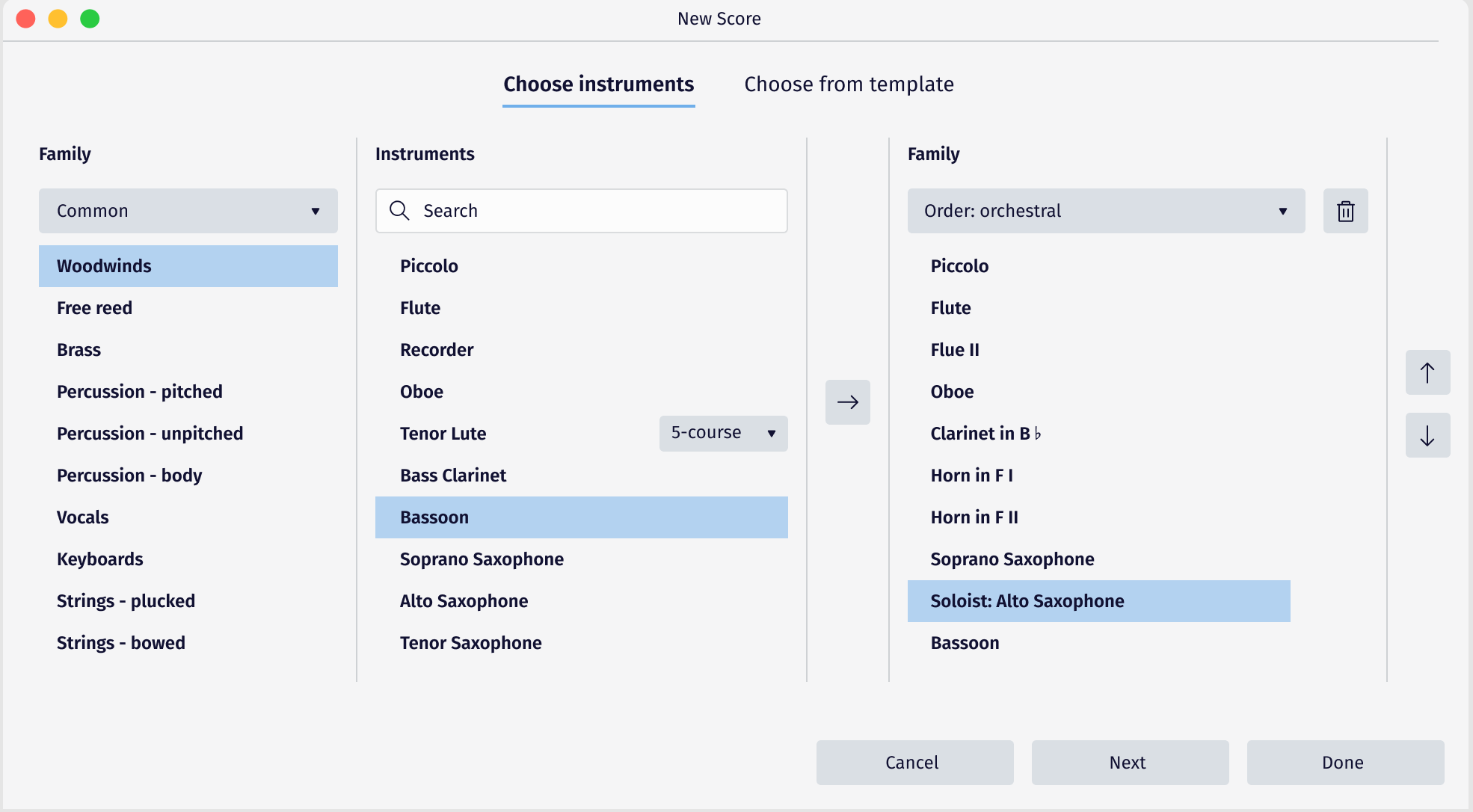 [MU4 Issue] New Score Wizard - Family and Instrument columns should be ...