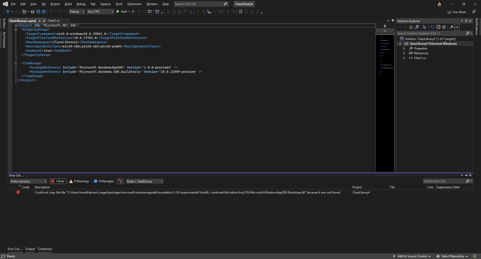 Cannot build any project from template due to "Could not copy the file Microsoft.WindowsAppSDK ...