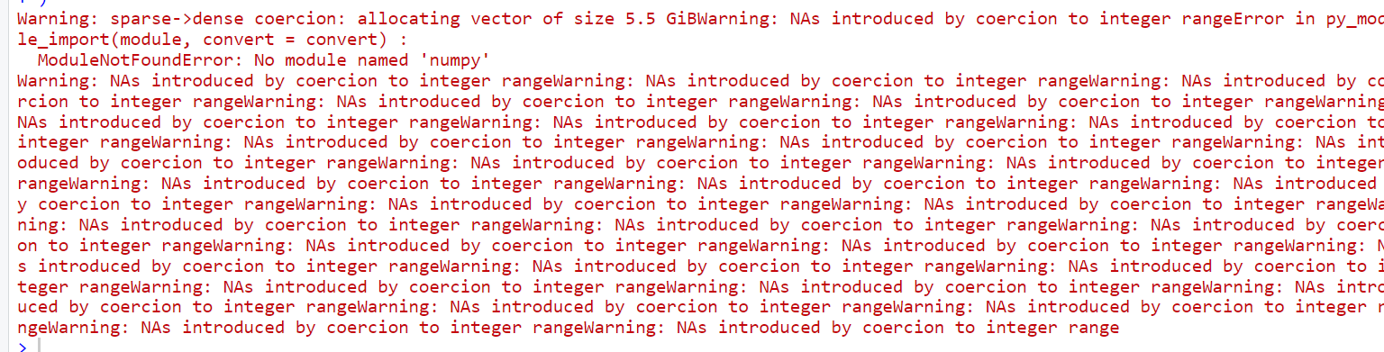 Warning in FindClusters: sparse->dense coercion: allocating vector of size 2.9 GiBWarning in ...