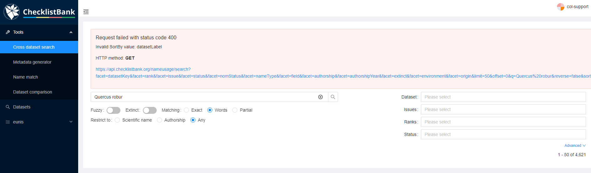 Sort column results in 400 error · Issue #1090 · CatalogueOfLife/checklistbank · GitHub