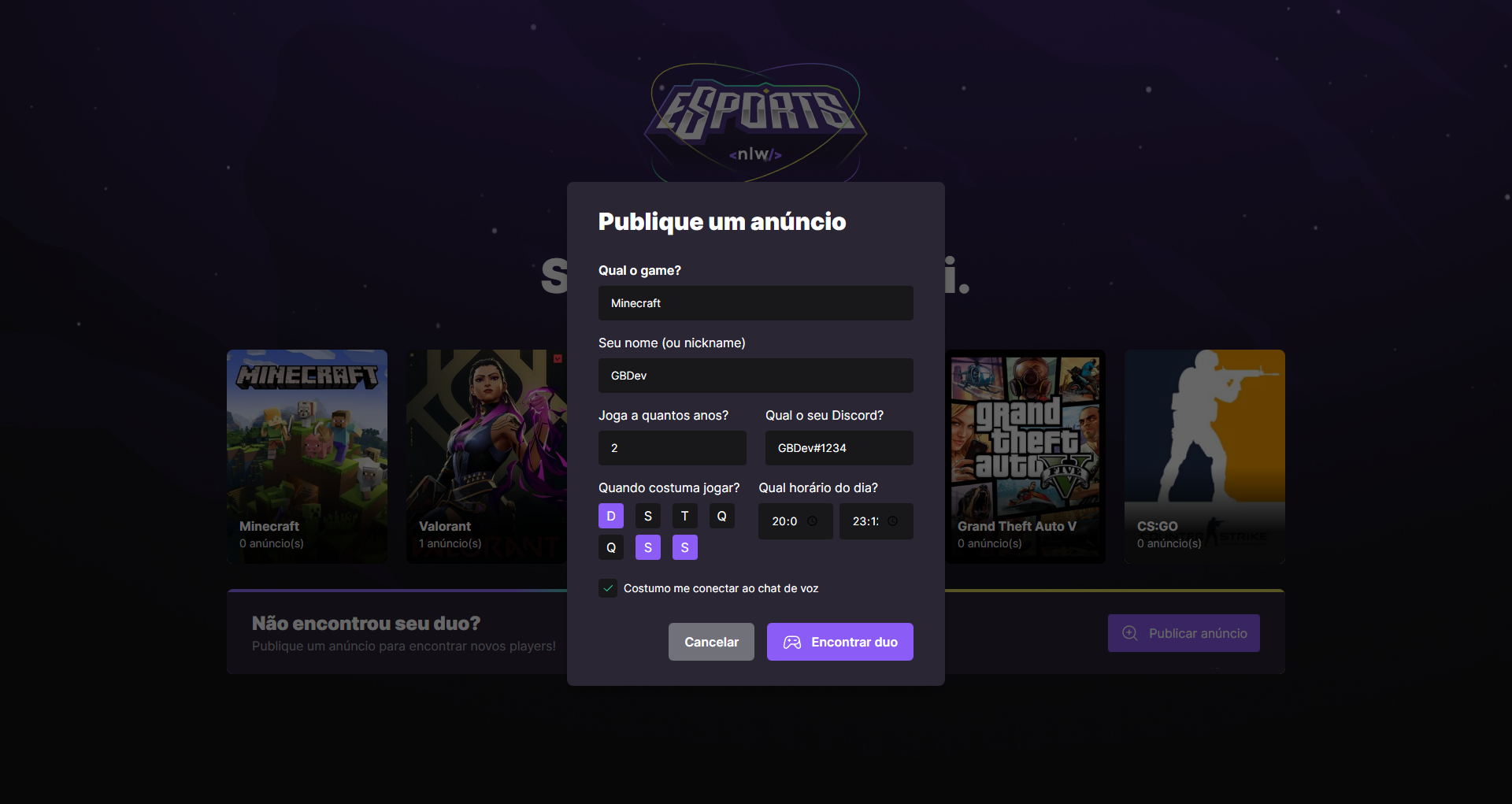 GitHub - GBDev13/nlw-esports: Projeto desenvolvido durante o evento NLW eSports da Rocketseat