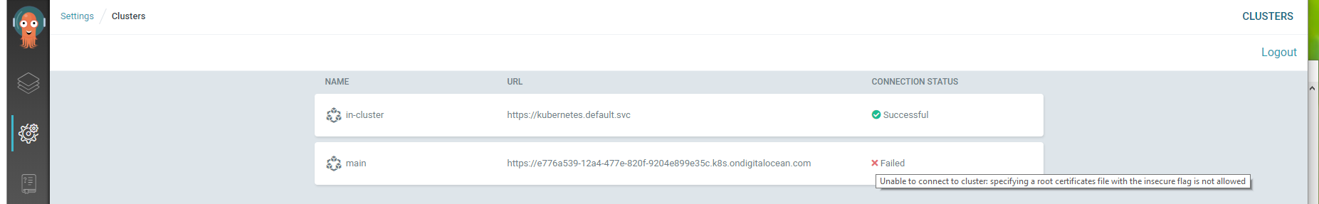 Connection to external k8s Cluster failes with "Unable to connect to cluster: specifying a root ...