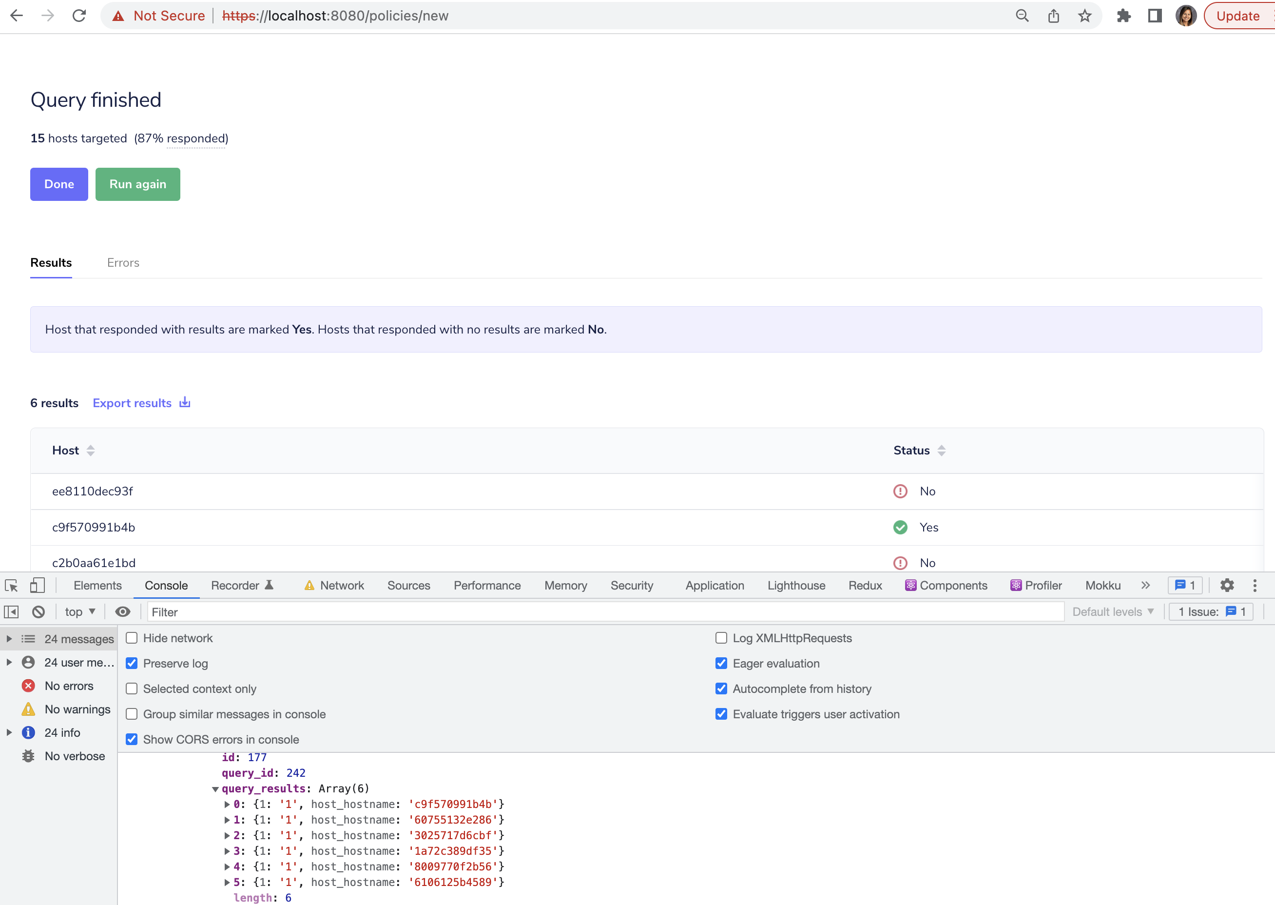 Live policy results: Results count are only passing results, Status does not reorder correctly ...
