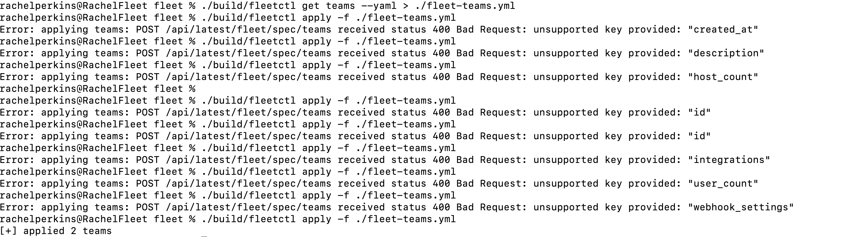 Multiple errors applying a fleetctl-created team yml file · Issue #9535 · fleetdm/fleet · GitHub