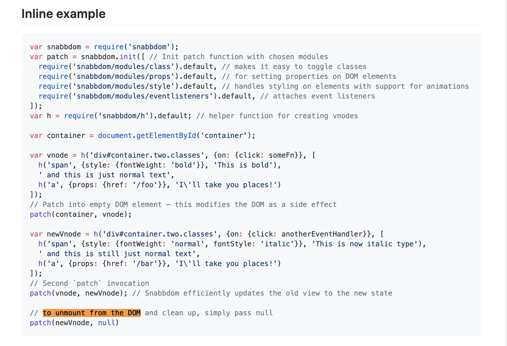 Unmounting by `patch(vnode, null)` documented but not implemented · Issue #461 · snabbdom ...