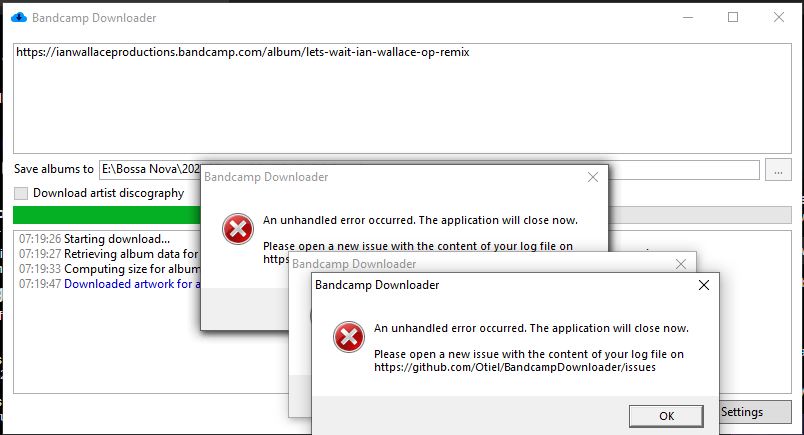 An Unhandled error occurred · Issue #175 · Otiel/BandcampDownloader · GitHub