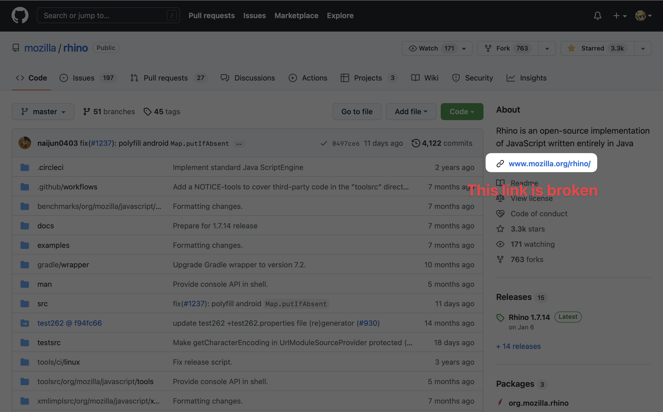 Project link in About Section is Broken · Issue #1253 · mozilla/rhino · GitHub