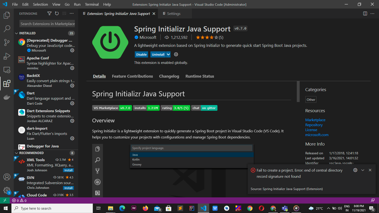 Fail to create a project. Error: end of central directory record signature not found Source ...