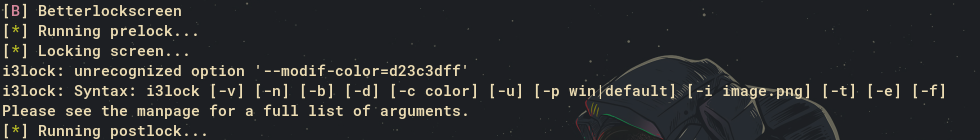 i3lock: unrecognize option '--modif-color=d23c3dff' · Issue #283 · betterlockscreen ...