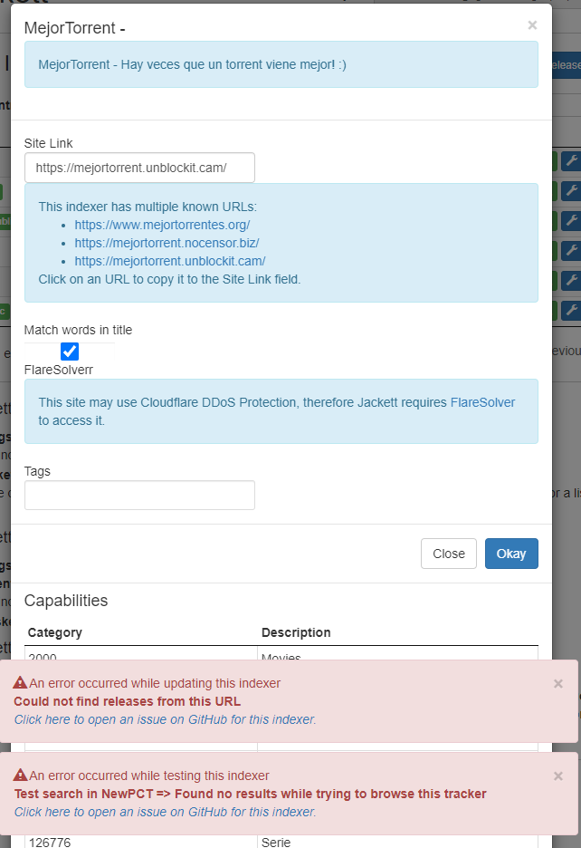 [mejortorrent] Could not find releases from this URL (Config) · Issue #12999 · Jackett/Jackett ...