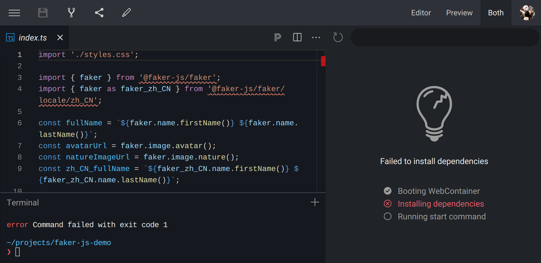 Ecosystem>StackBlitz demo doesn't work on Chrome · Issue #1505 · faker-js/faker · GitHub