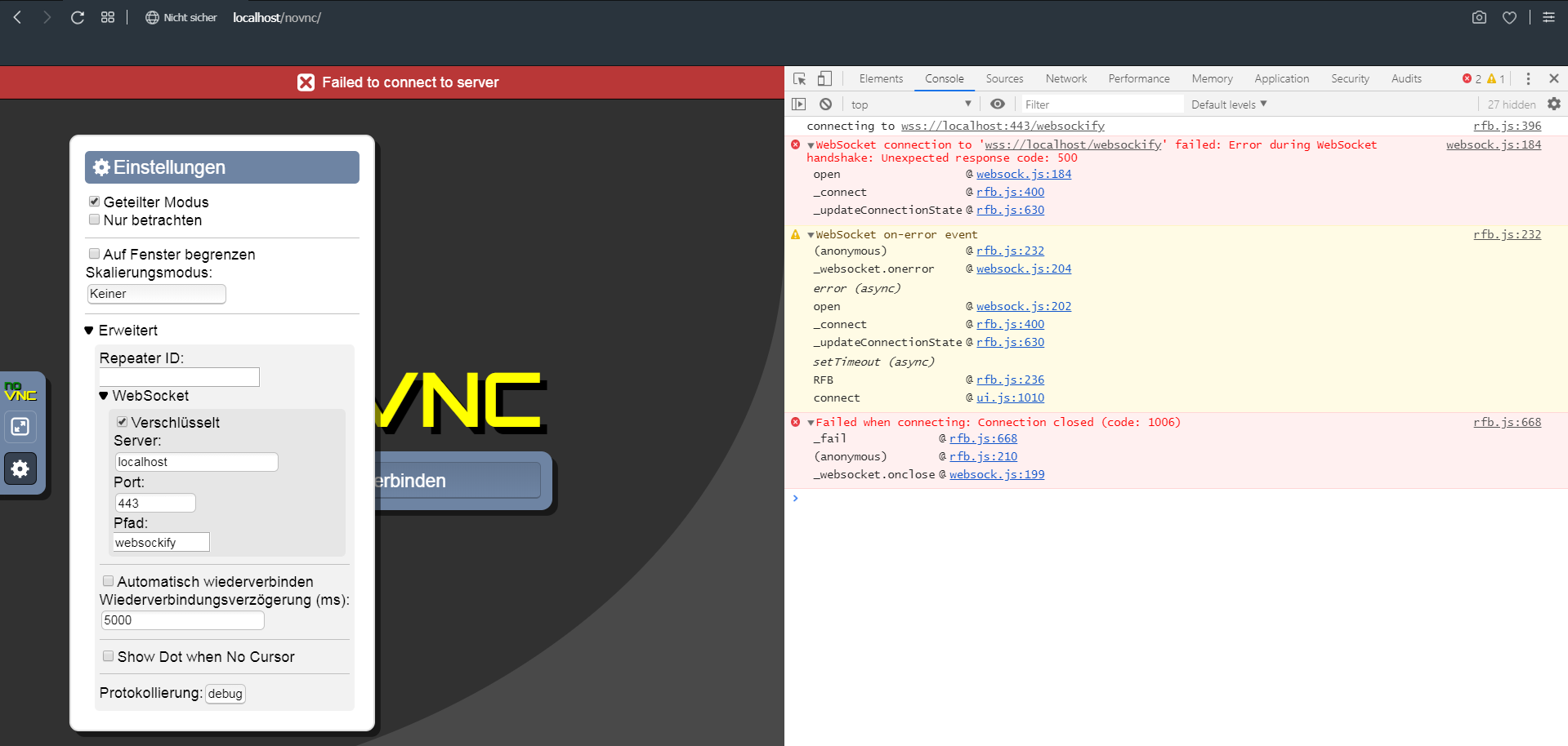 Novnc Browser Client Fails To Connect With An Websocket Handshake Error When Using Apache 