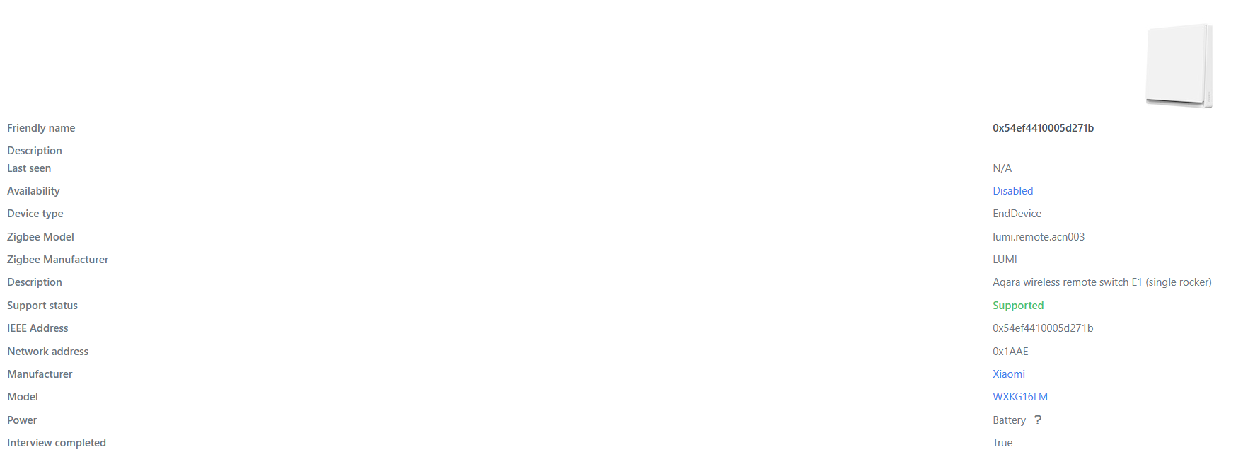 Xiaomi Aqara wireless remote switch E1 (single rocker) (WXKG16LM) paired but no actions/data ...