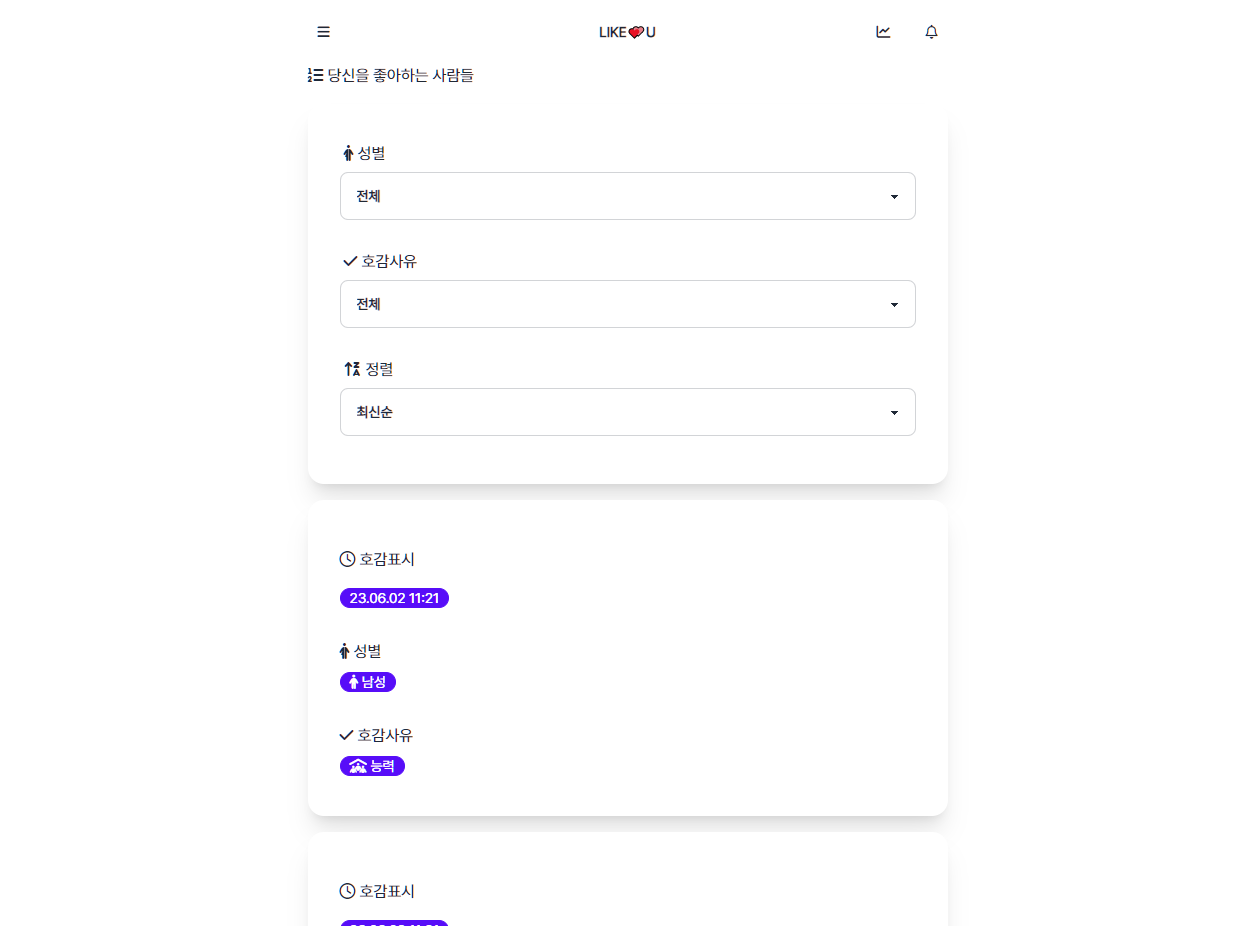 GitHub - hye-0000/LikeU: 당신의 조용한 호감🖤💜