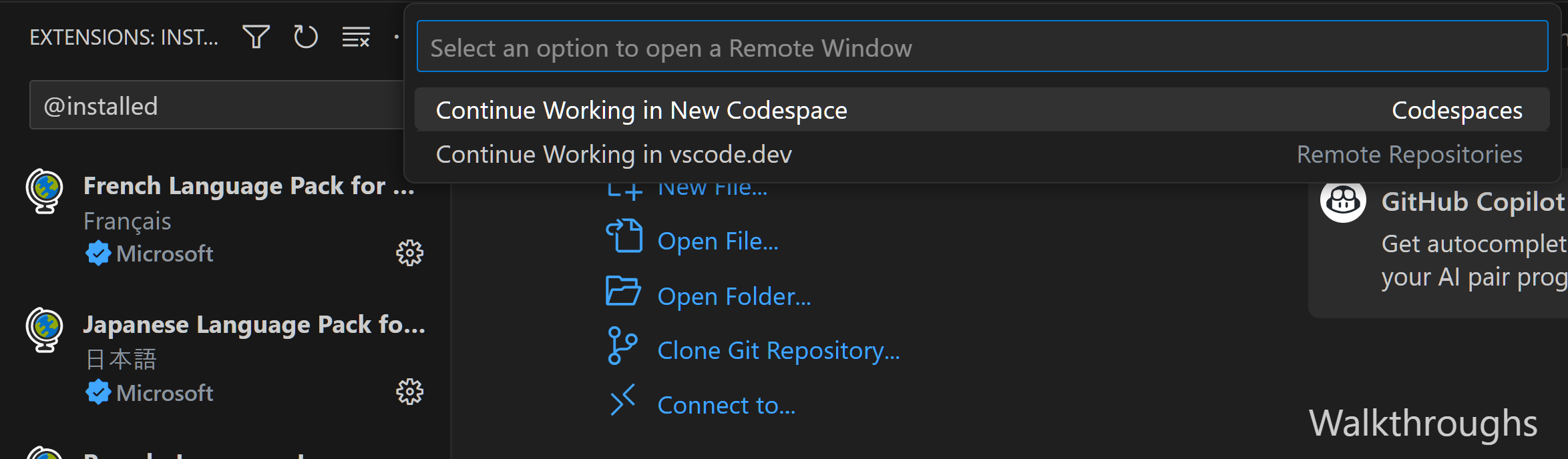 Empty profile w/o extensions, no install prompts in remote indicator quick pick · Issue #186440 ...