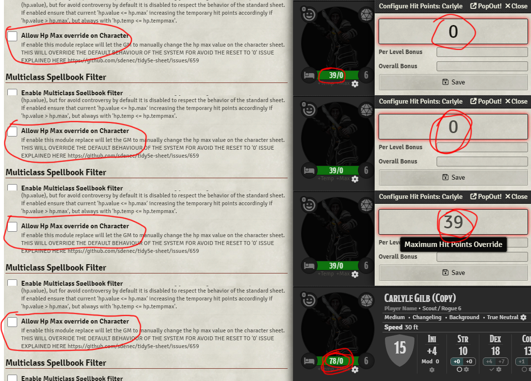 [BUG] PC Character Sheet Hit Points drop to 0 if you don't put something in the override ...