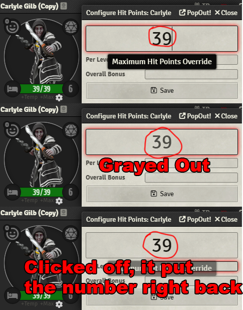 [BUG] PC Character Sheet Hit Points drop to 0 if you don't put something in the override ...