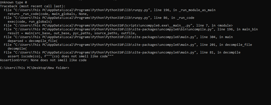 Assertionerror None Does Not Smell Like Code · Issue 421 · Rockypython Uncompyle6 · Github