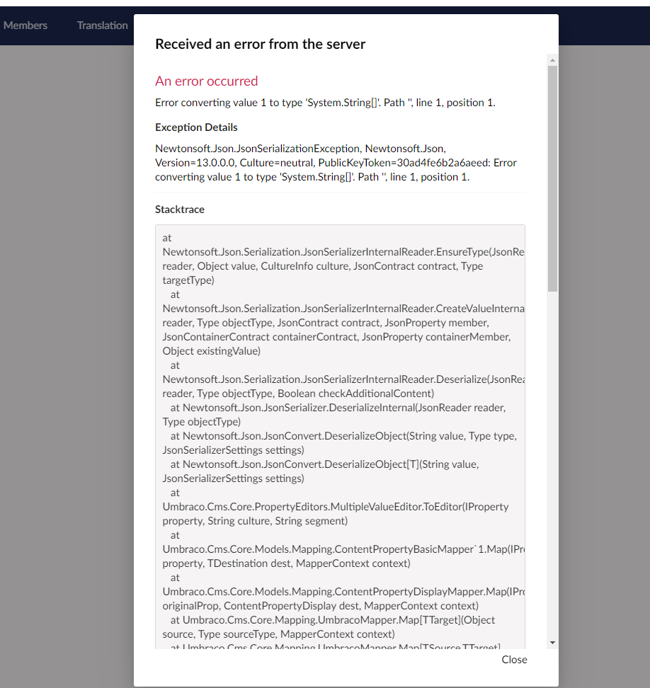 Changing property editor of datatype true/false to dropdown another throw error on content ...