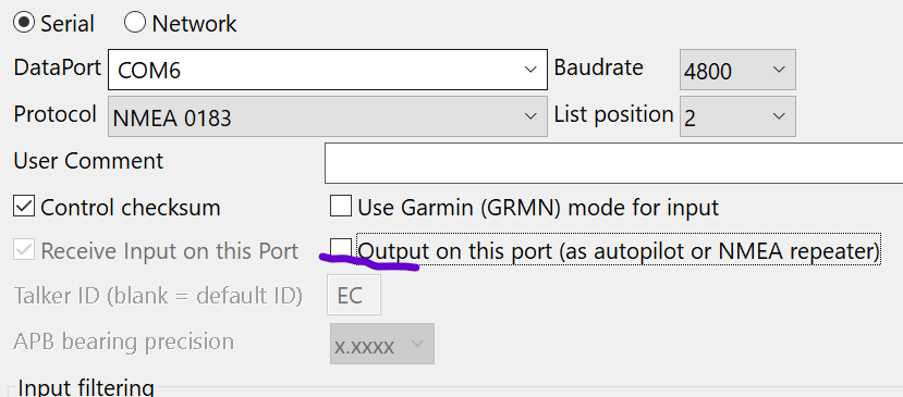 Expand the "One" checkbox "Output on this Port ( as autopilot or NMEA Reapaeter)" to two ...