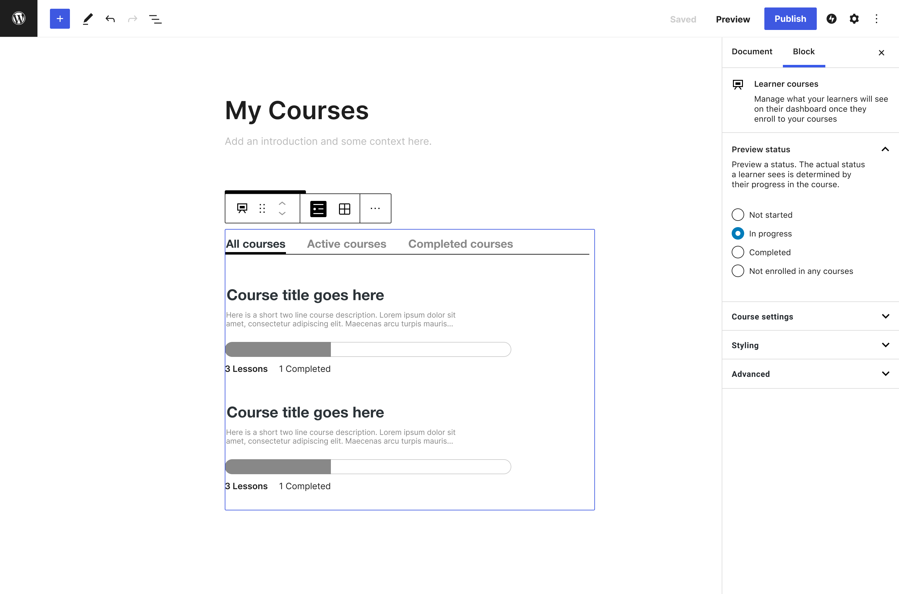 Learner courses: toggle between list view and grid view for courses ...