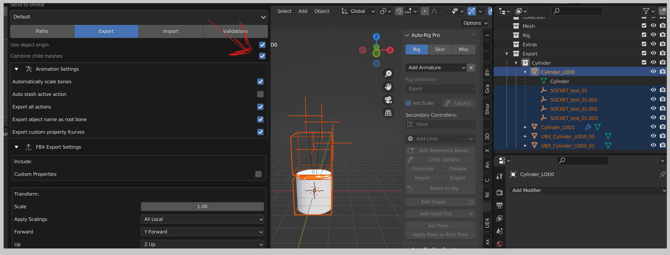 Send to Unreal - LOD + Collision + socket + combine child meshes ...