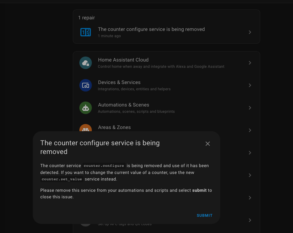 Counter state reproduction uses the deprecated counter.configure ...