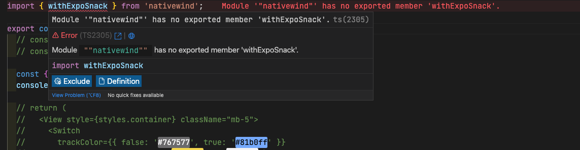 Module '"nativewind"' has no exported member 'withExpoSnack' ("nativewind": "^3.0.0-next.34 ...