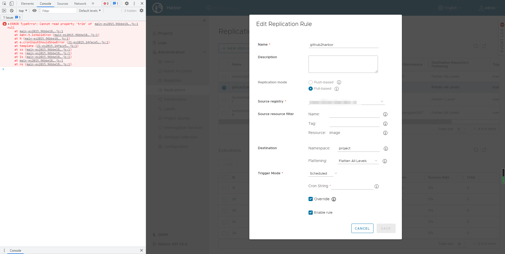 Administration -> Replications -> EDIT page pop-up window cannot be ...