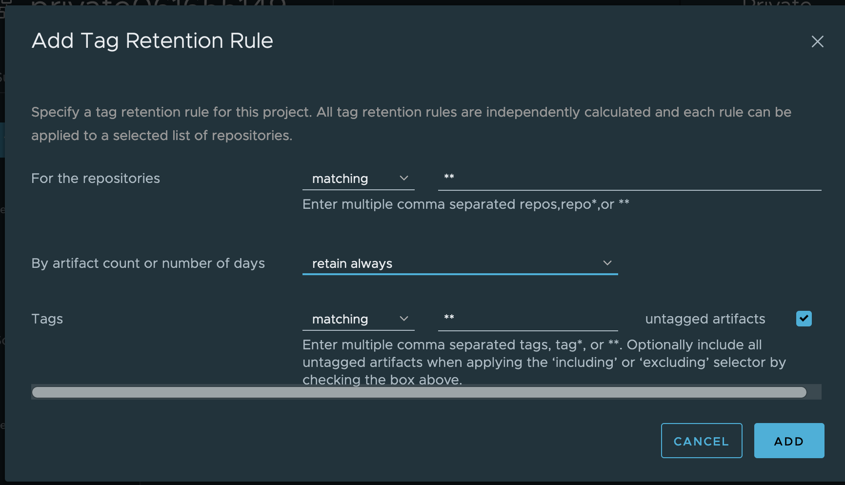 Enable cache: Cannot add Tag Retention rule · Issue #16996 · goharbor/harbor · GitHub