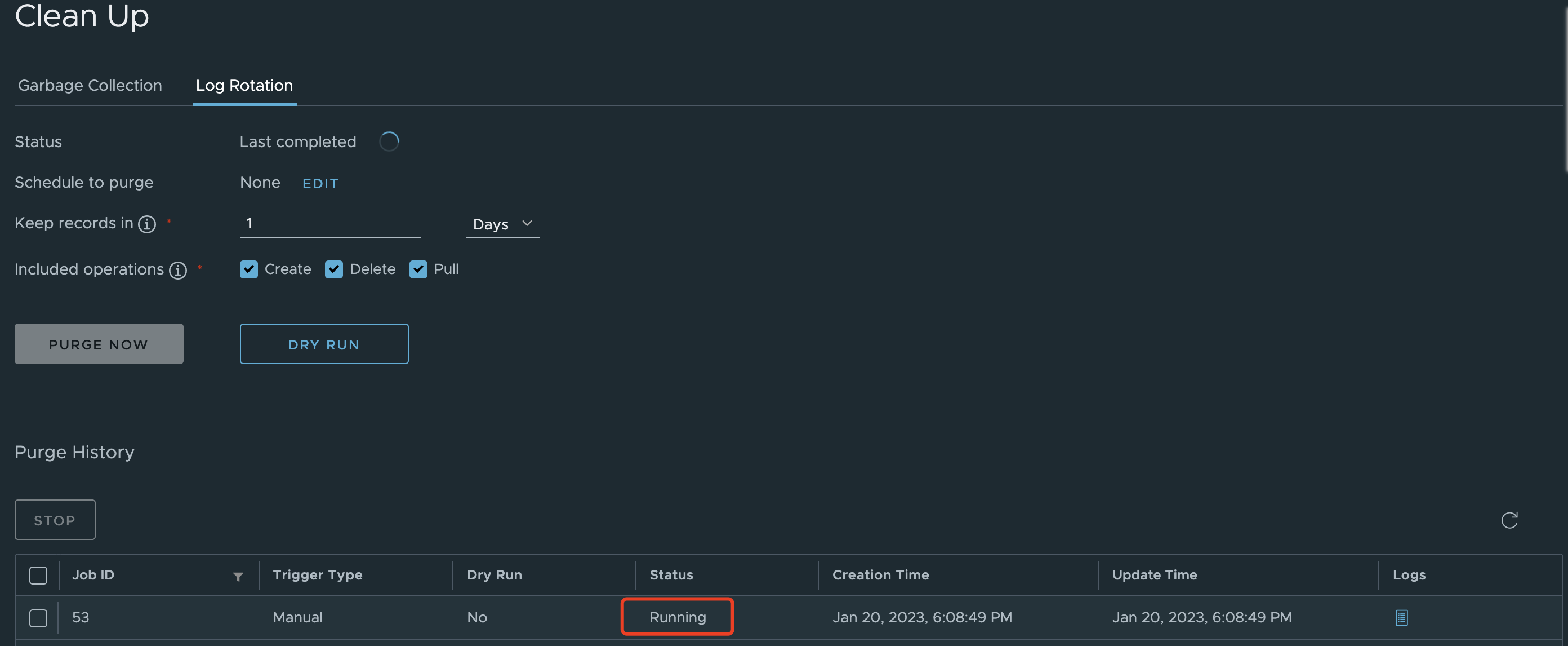 Job Service Dashboard Job Queues Stop Purgeaudit Job Log Rotation Execution Is Always Running 