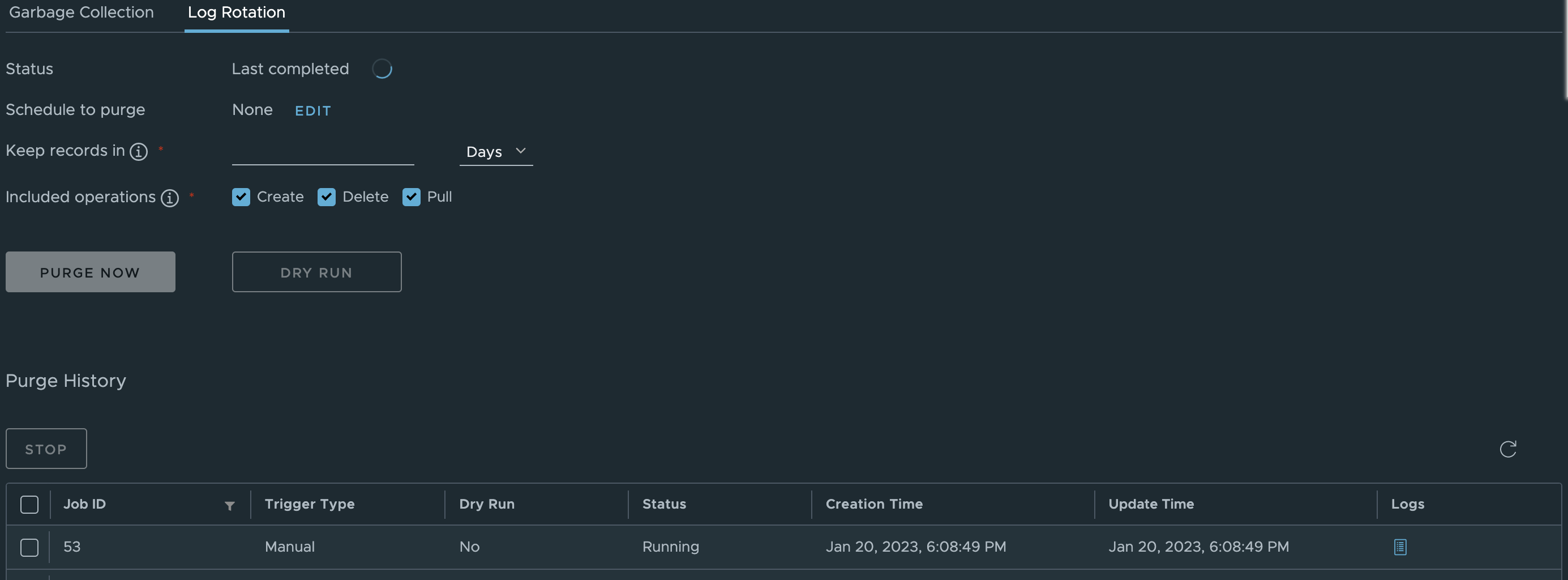 Job Service Dashboard Job Queues Stop PURGE_AUDIT Job Log Rotation execution is always Running ...