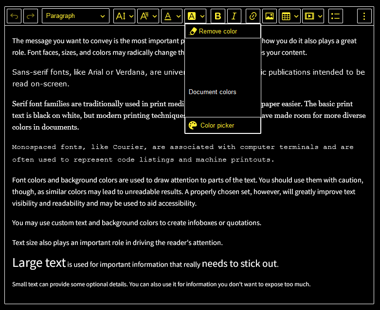 Issues with accessibility in the font color and background color features when using high ...