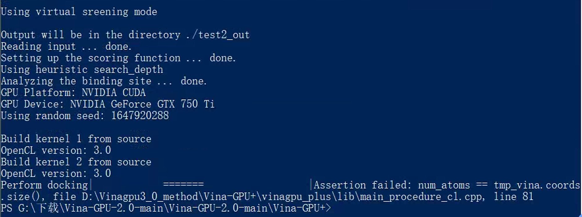 运行./Vina-GPU+_K.exe --config=./input_file_example/2bm2_config.txt错误如下 ...
