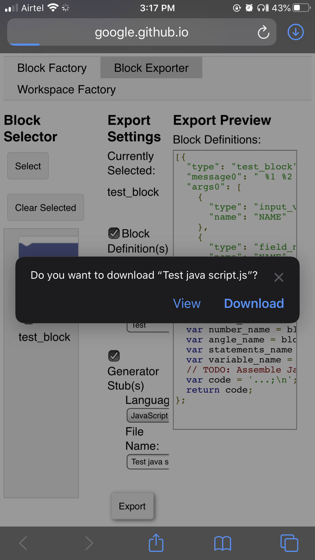 [Blockly Developer Tools] When clicked on "Export" option on Block ...