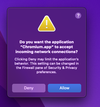 [BUG] Accept Incoming network connections dialog · Issue #910 · microsoft/playwright-java · GitHub