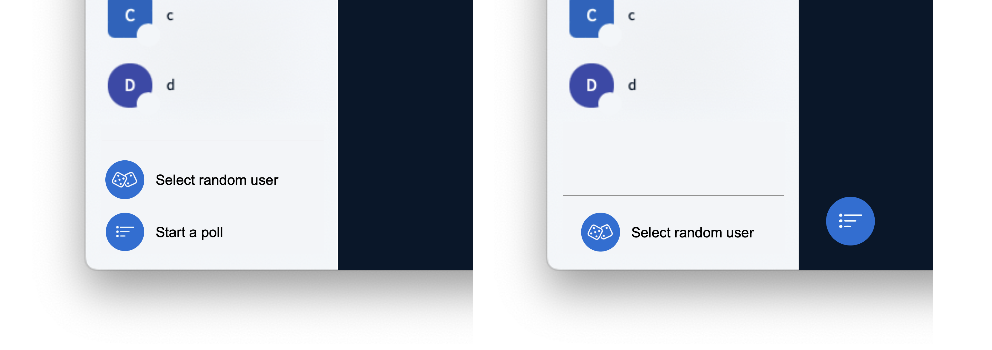 Placement of the "Start a poll" and "Select random user" buttons, and the polling dialog · Issue ...