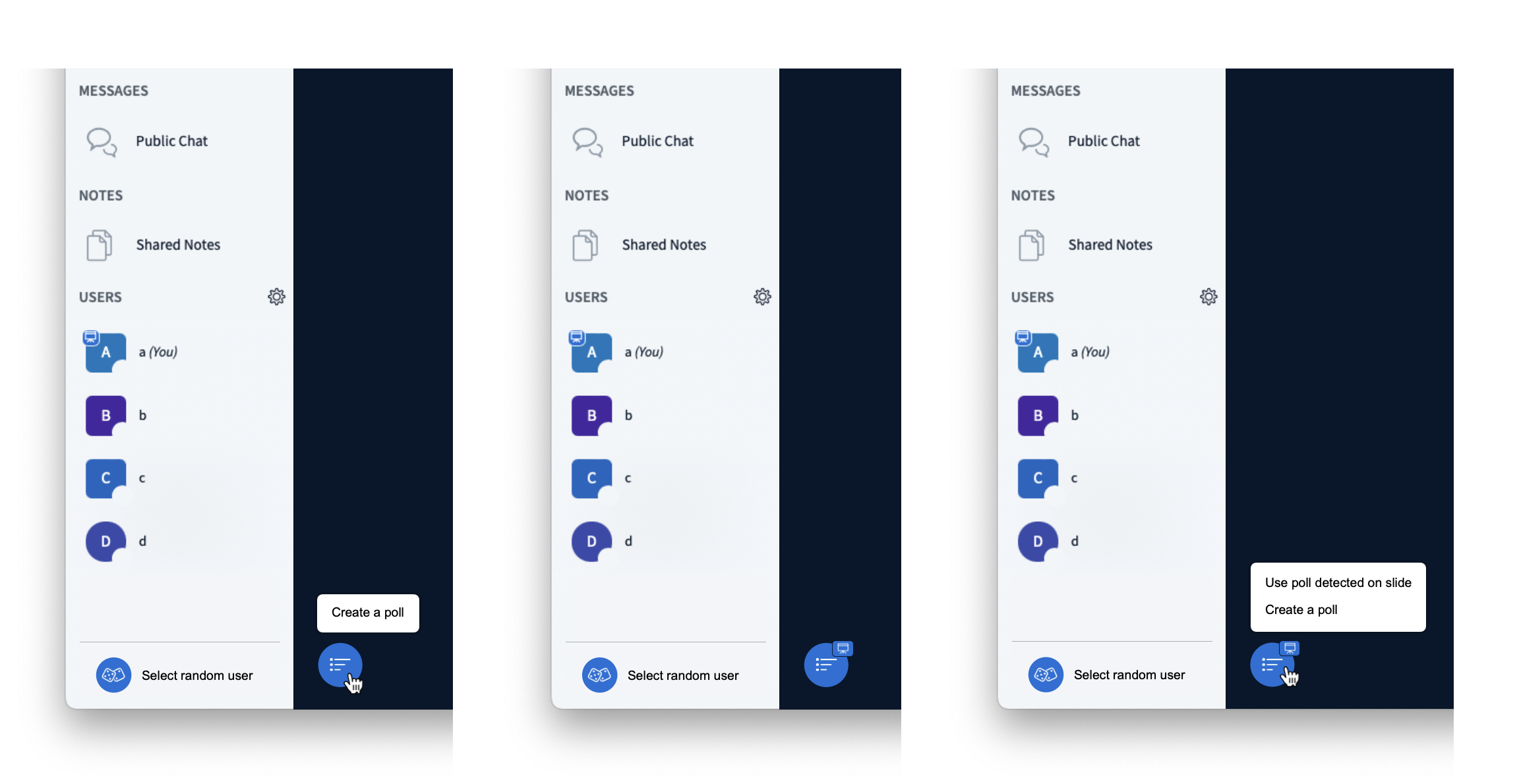 Placement of the "Start a poll" and "Select random user" buttons, and ...